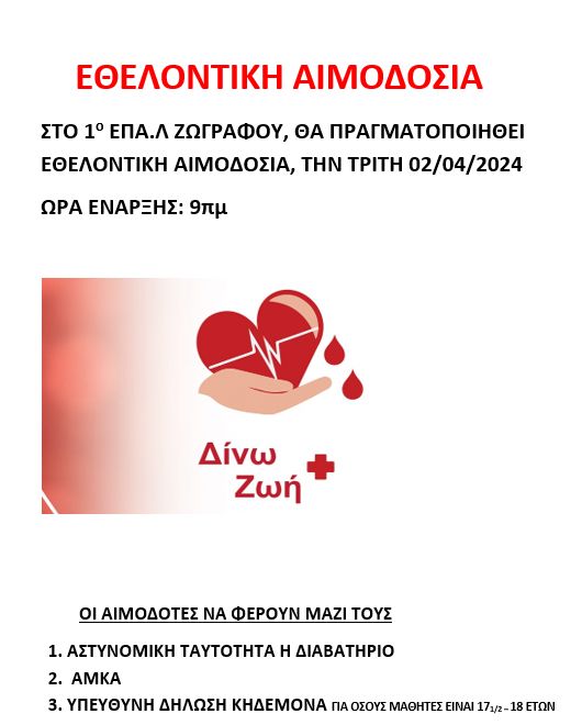 Δράση Εθελοντικής Αιμοδοσίας από το 1ο ΕΠΑ.Λ - Δήμος Ζωγράφου